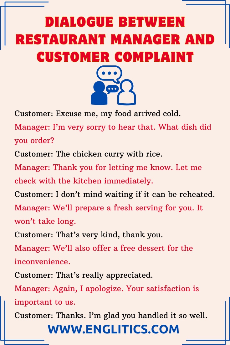 Dialogue Between Restaurant Manager And Customer Complaint